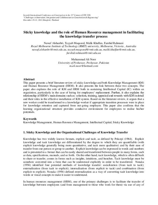 (PDF) Sticky knowledge and the role of human resource management in ...
