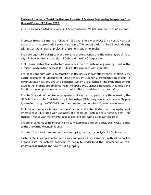(PDF) Review of the book "Cost-Effectiveness Analysis. A Systems ...