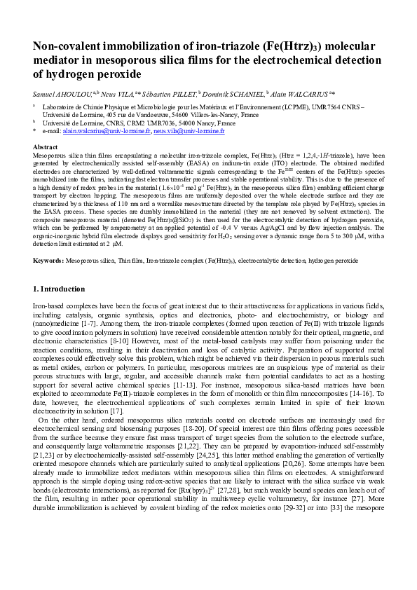 (PDF) Non‐covalent Immobilization of Iron‐triazole (Fe(Htrz) 3 ...