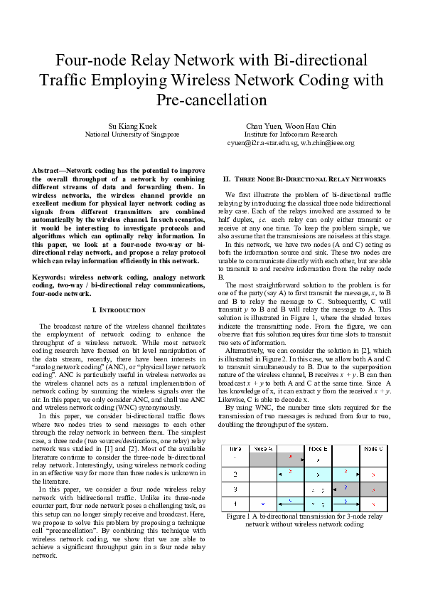Pdf Four Node Relay Network With Bi Directional Traffic Employing Wireless Network Coding With