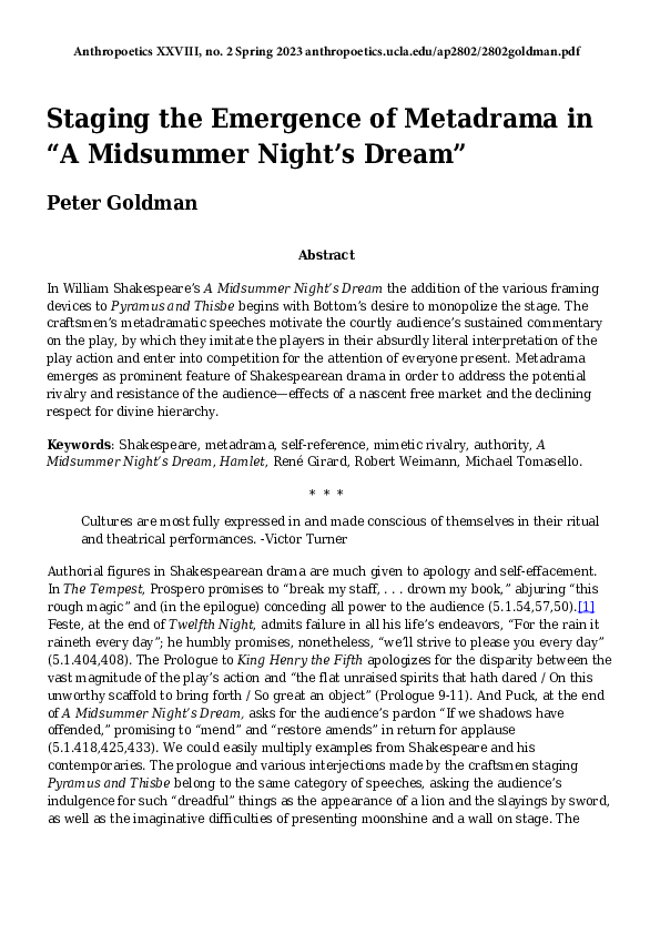 (PDF) Staging the Emergence of Metadrama in "A Midsummer Night's Dream"