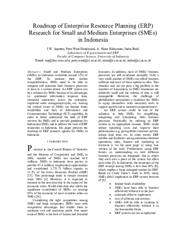 (PDF) Roadmap of Enterprise Resource Planning (ERP) Research for Small and Medium Enterprises ...
