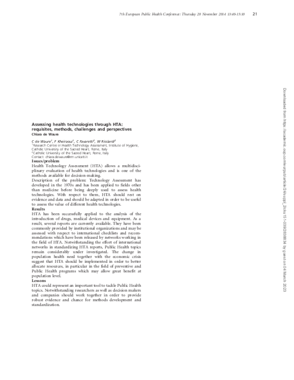 (PDF) Assessing health technologies through HTA: requisites, methods ...