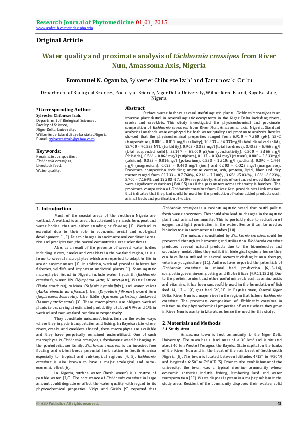 (PDF) Water quality and proximate analysis of Eichhornia crassipes from ...