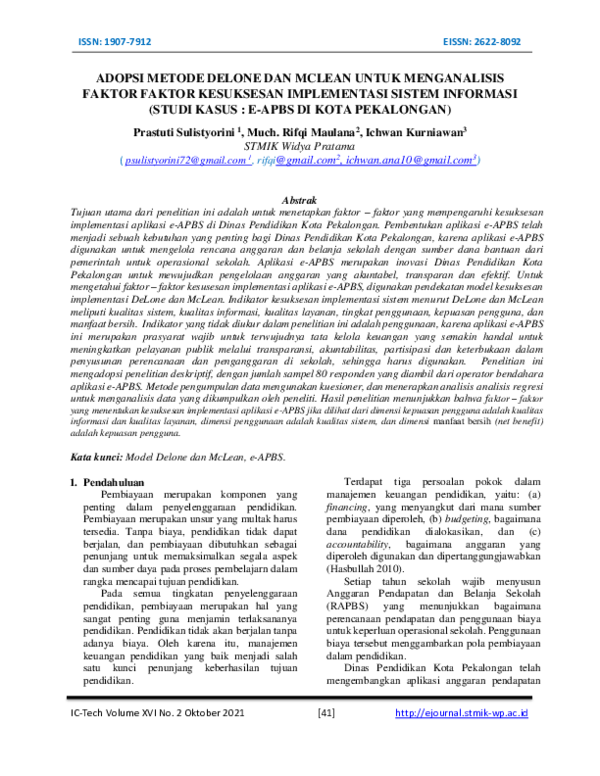 (PDF) Adopsi Metode Delone Dan McLean Untuk Menganalisis Faktor Faktor Kesuksesan Implementasi ...