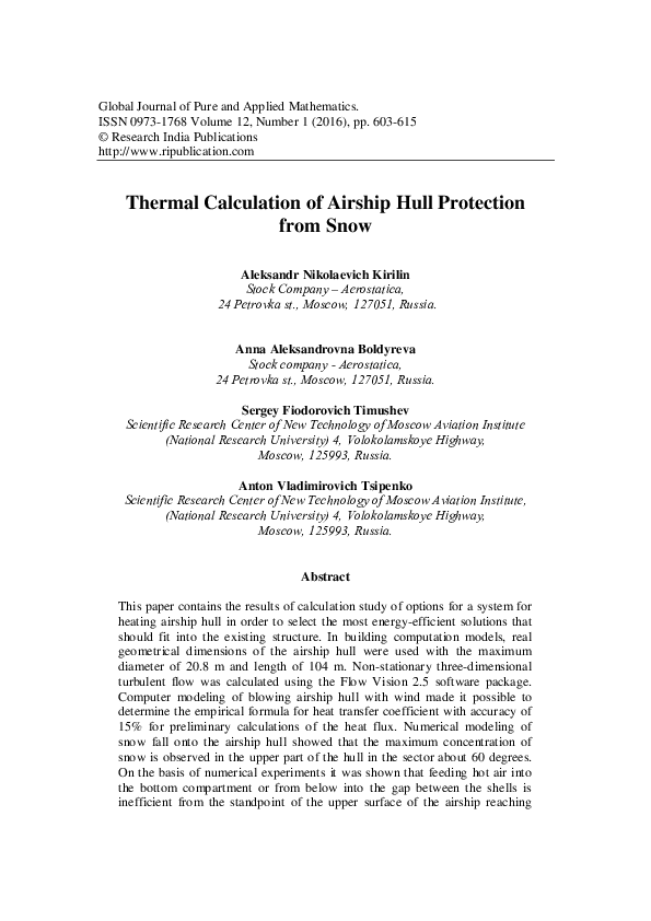 (PDF) Thermal Calculation of Airship Hull Protection from Snow