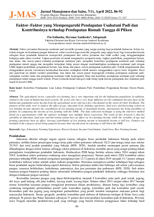 (PDF) Faktor–Faktor yang Mempengaruhi Pendapatan Usahatani Padi dan Kontribusinya terhadap ...