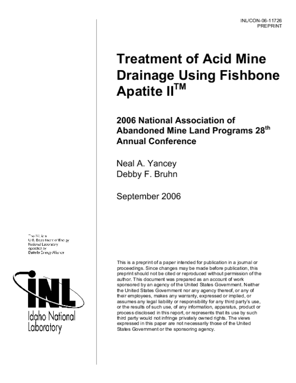(PDF) Treatment of Acid Mine Drainage Using Fishbone Apatite IITM1