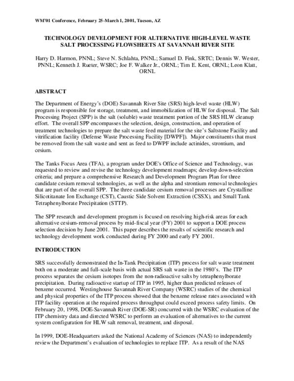 (PDF) Technology Development for Alternative High-Level Waste Salt ...