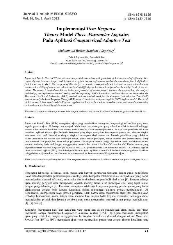 (PDF) Implementasi Item Response Theory Model Three-Parameter Logistics ...