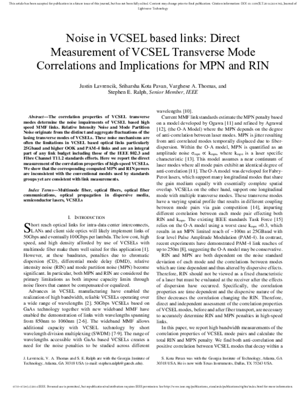(PDF) Noise in VCSEL-Based Links: Direct Measurement of VCSEL ...