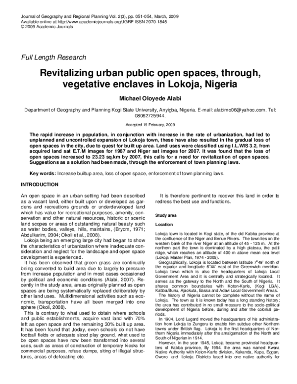 Pdf Revitalizing Urban Public Open Spaces Through Vegetative Enclaves In Lokoja Nigeria