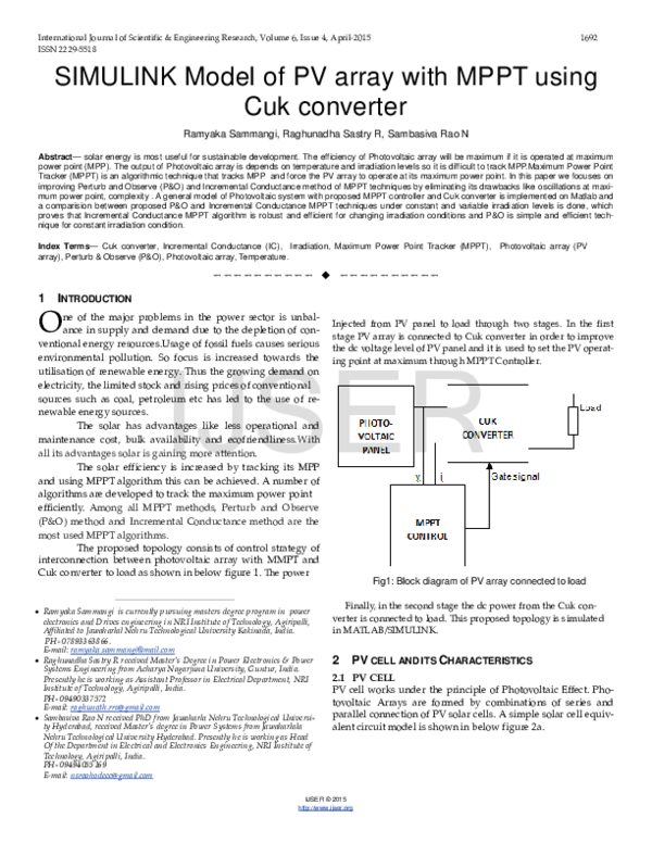 Simulink Model Of Pv Array With Mppt Using Cuk Converter