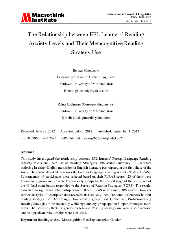 (PDF) The Relationship between EFL Learners’ Reading Anxiety Levels and Their Metacognitive ...
