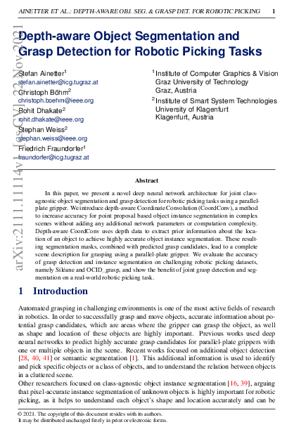 (PDF) Depth-aware Object Segmentation and Grasp Detection for Robotic Picking Tasks