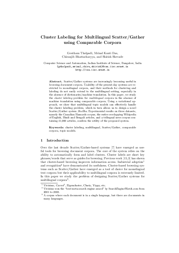(PDF) Cluster Labeling for Multilingual Scatter/Gather Using Comparable Corpora