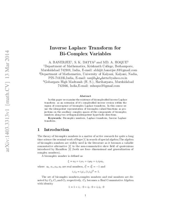 (PDF) Inverse Laplace Transform for Bi-Complex Variables