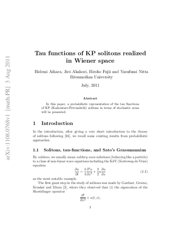 (PDF) Tau functions of KP solitons realized in Wiener space