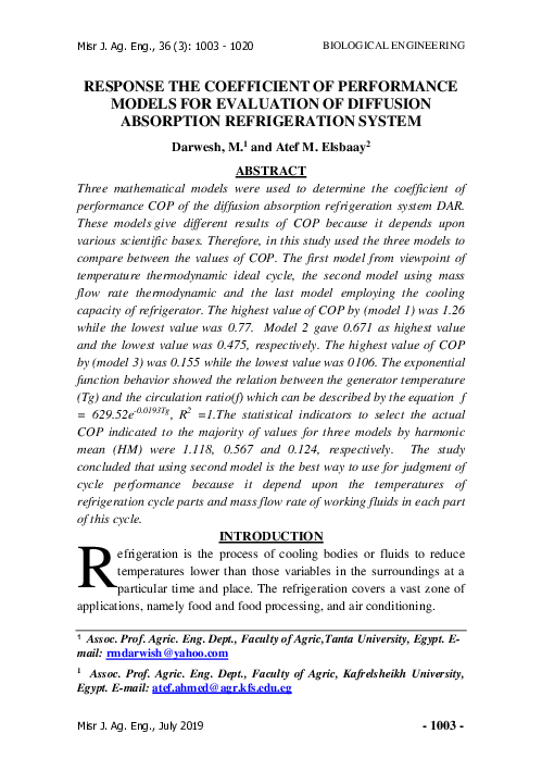 (PDF) Response the Coefficient of Performance Models for Evaluation of Diffusion Absorption ...