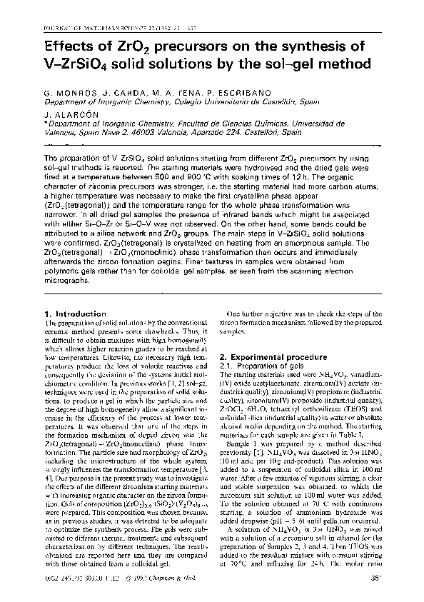 (PDF) Effects of ZrO2 precursors on the synthesis of V-ZrSiO4 solid solutions by the sol-gel method