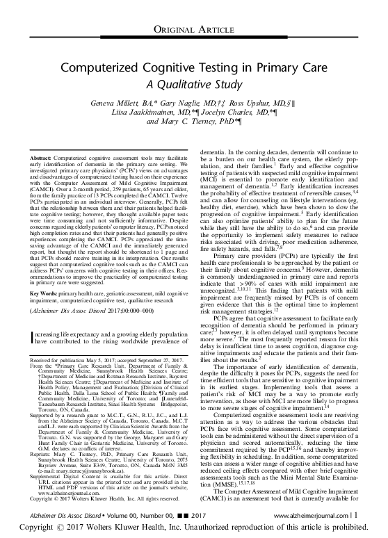 (PDF) Computerized Cognitive Testing in Primary Care: A Qualitative Study
