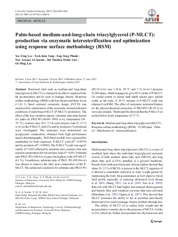 (PDF) Palm-based medium-and-long-chain triacylglycerol (P-MLCT): production via enzymatic ...