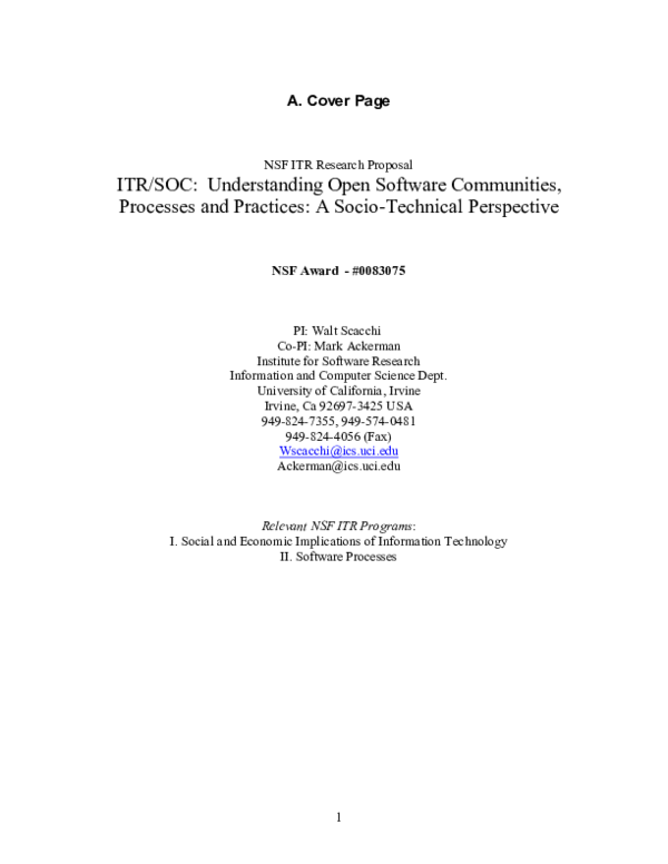 (PDF) Proposal ITR / SOC : Understanding Open Software Communities , Processes and Practices : A ...
