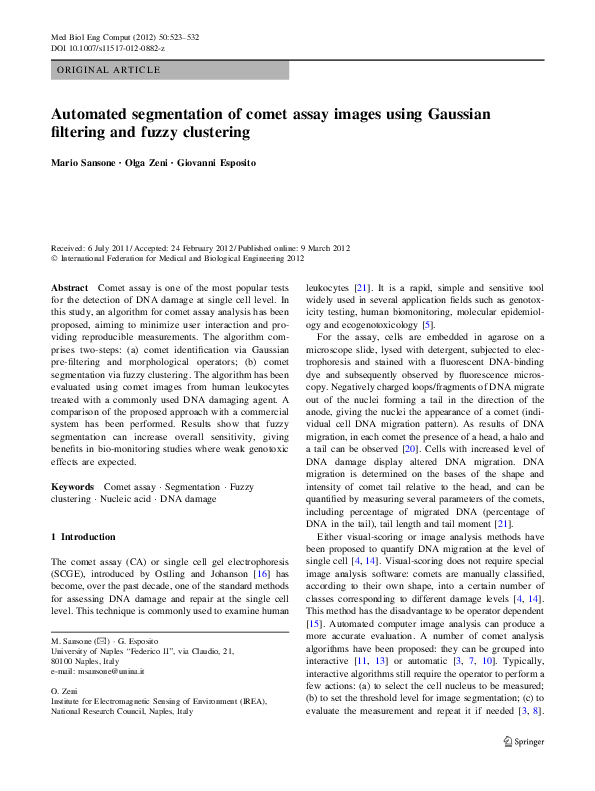 Pdf Automated Segmentation Of Comet Assay Images Using Gaussian Filtering And Fuzzy Clustering