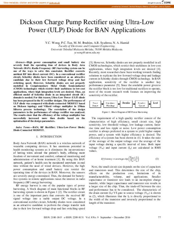 (PDF) Dickson Charge Pump Rectifier using Ultra-Low Power (ULP) Diode for BAN Applications