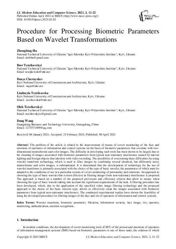 (PDF) Procedure for Processing Biometric Parameters Based on Wavelet Transformations