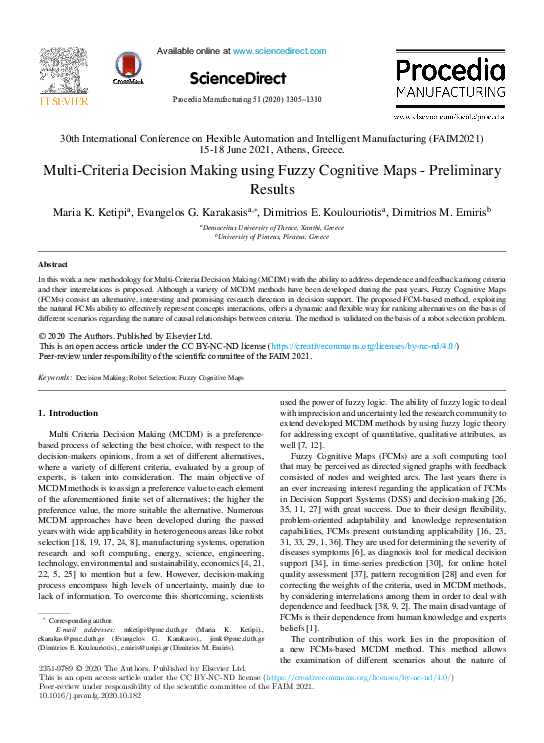 (PDF) Multi-Criteria Decision Making using Fuzzy Cognitive Maps – Preliminary Results