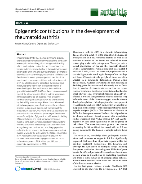 (PDF) Epigenetic contributions in the development of rheumatoid arthritis