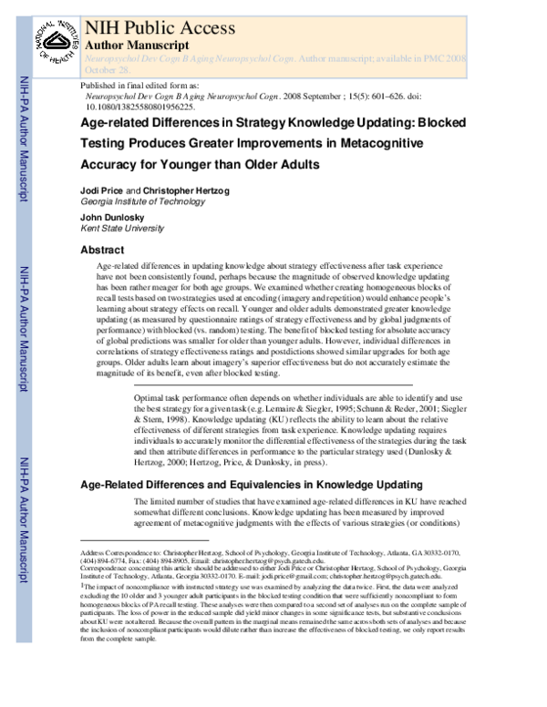 Pdf Age Related Differences In Strategy Knowledge Updating Blocked Testing Produces Greater