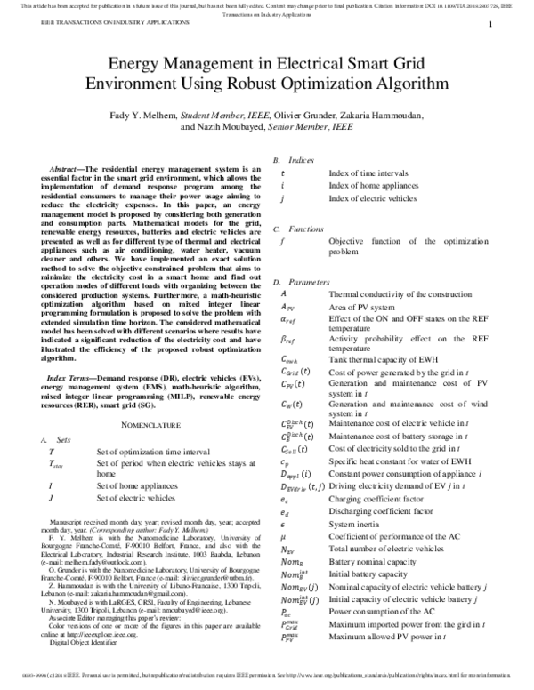 Pdf Energy Management In Electrical Smart Grid Environment Using Robust Optimization Algorithm