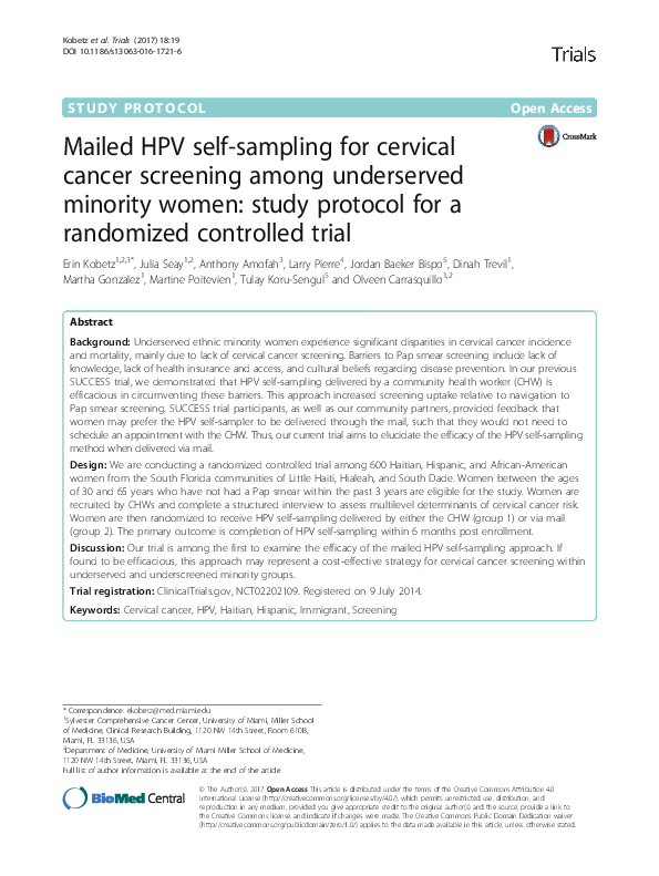 (PDF) Mailed HPV self-sampling for cervical cancer screening among underserved minority women ...