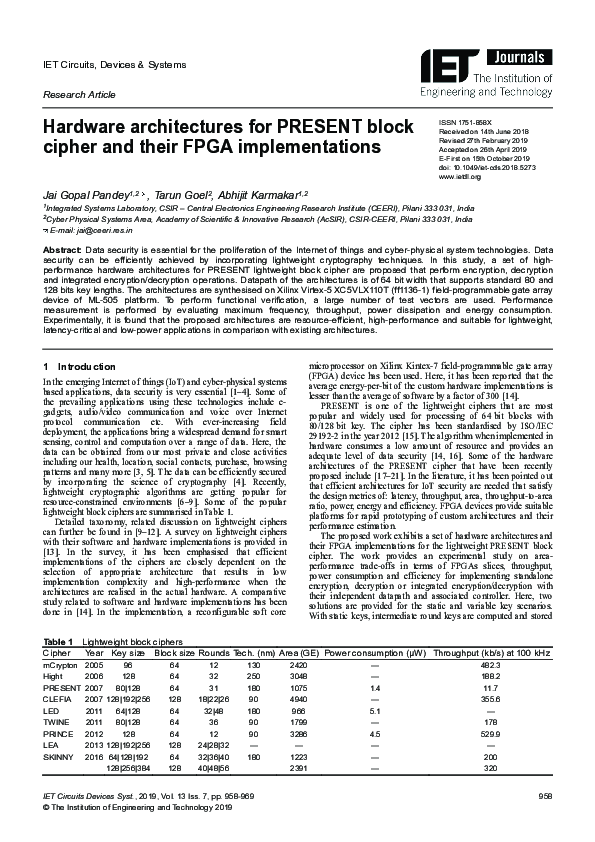 Pdf Hardware Architectures For Present Block Cipher And Their Fpga Implementations Tarun