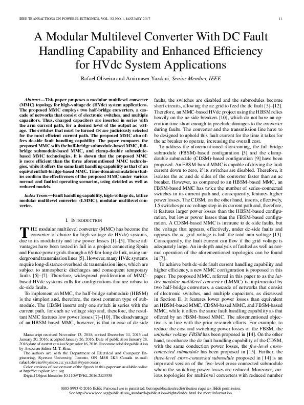 (PDF) A Modular Multilevel Converter With DC Fault Handling Capability and Enhanced Efficiency ...
