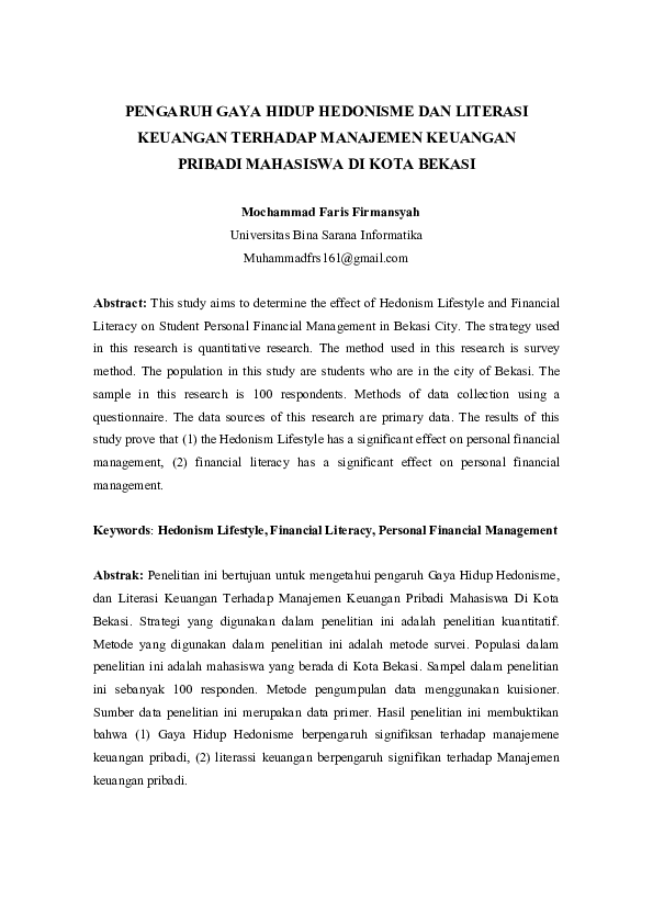 (DOC) PENGARUH GAYA HIDUP HEDONISME DAN LITERASI KEUANGAN TERHADAP MANAJEMEN KEUANGAN PRIBADI ...