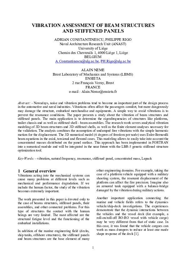 (PDF) Vibration Assessment of the Beam Structures and Stiffened Panels