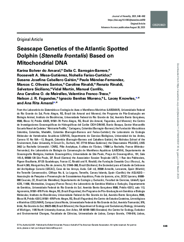 (PDF) Seascape Genetics of the Atlantic Spotted Dolphin (Stenella ...