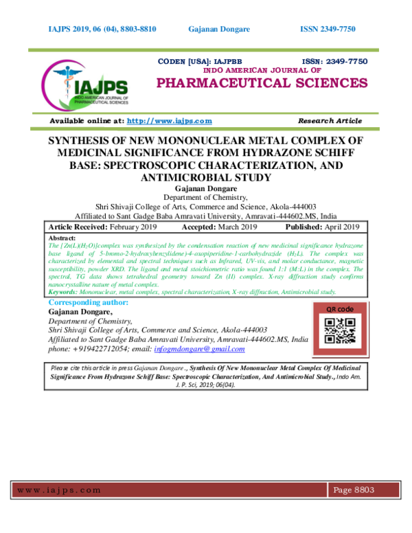 (PDF) Synthesis of New Mononuclear Metal Complex of Medicinal Significance from Hydrazone Schiff ...