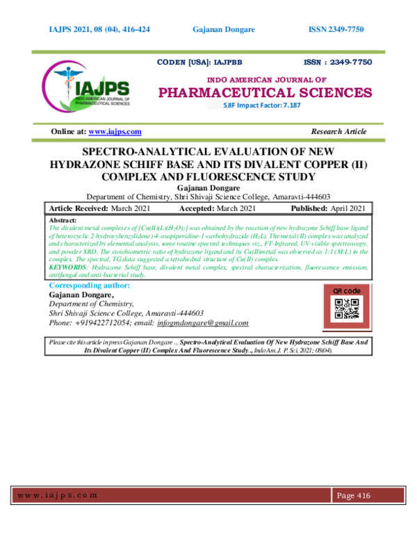 (PDF) Spectro-Analytical Evaluation of New Hydrazone Schiff Base and Its Divalent Copper (II ...