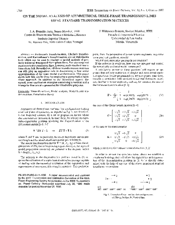 Pdf On The Modal Analysis Of Asymmetrical Three Phase Transmission Lines Using Standard