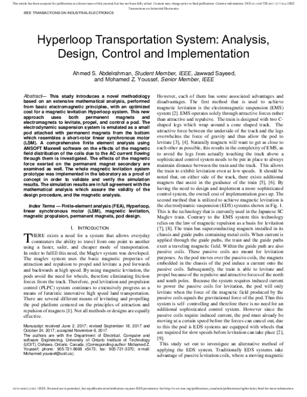 (PDF) Hyperloop Transportation System: Analysis, Design, Control, and Implementation