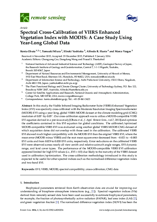 (PDF) Spectral Cross-Calibration of VIIRS Enhanced Vegetation Index with MODIS: A Case Study ...