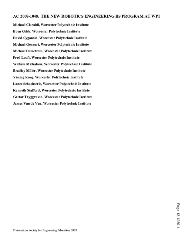 (PDF) The New Robotics Engineering Bs Program At Wpi