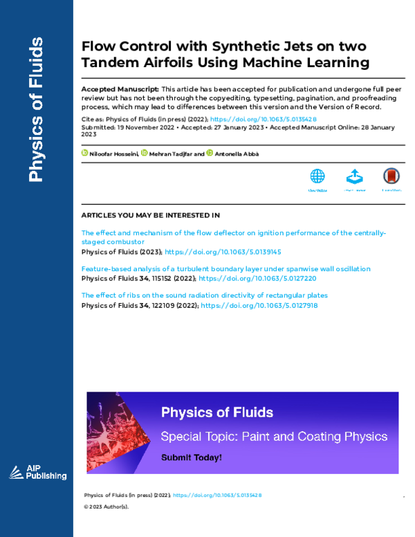(PDF) Flow control with synthetic jets on two tandem airfoils using machine learning | Niloofar ...