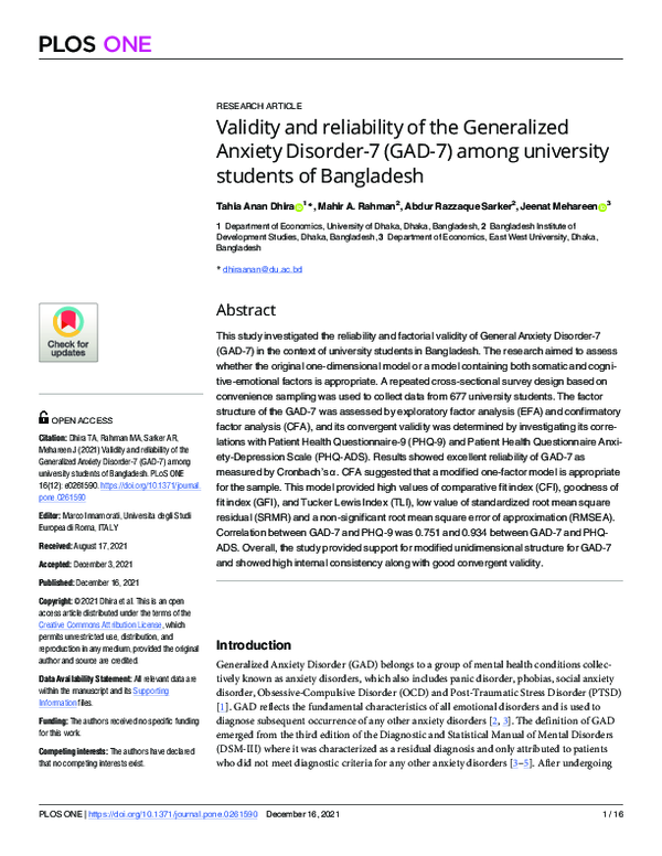 (PDF) Validity and reliability of the Generalized Anxiety Disorder-7 ...