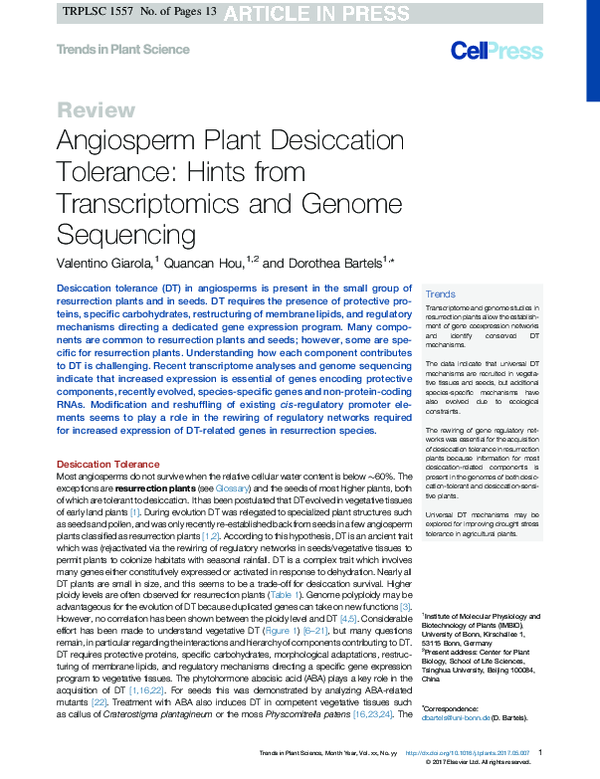 (PDF) Angiosperm Plant Desiccation Tolerance: Hints from ...
