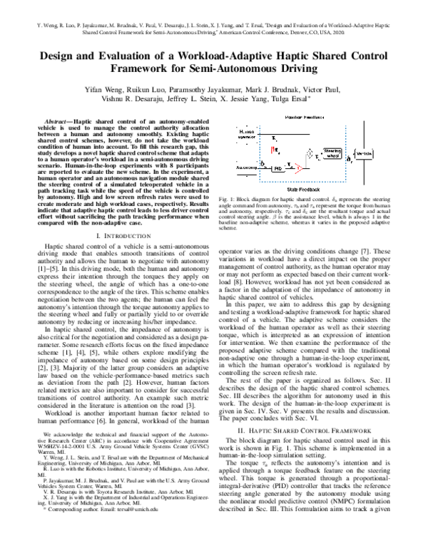 (PDF) Design and Evaluation of a Workload-Adaptive Haptic Shared Control Framework for Semi ...